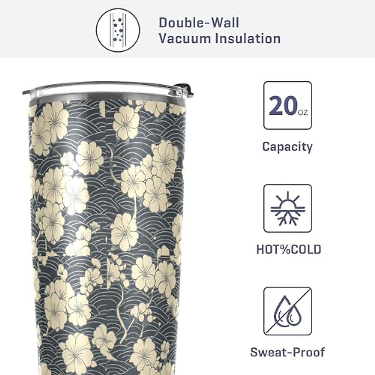 HXshaoye Japan floral pattern ink cloud Stainless Steel water bottle with straw Leak-proof Lid and Straw coffee mug spill proof for travel Aesthetic travel mug 20oz vasos para cafe 20oz