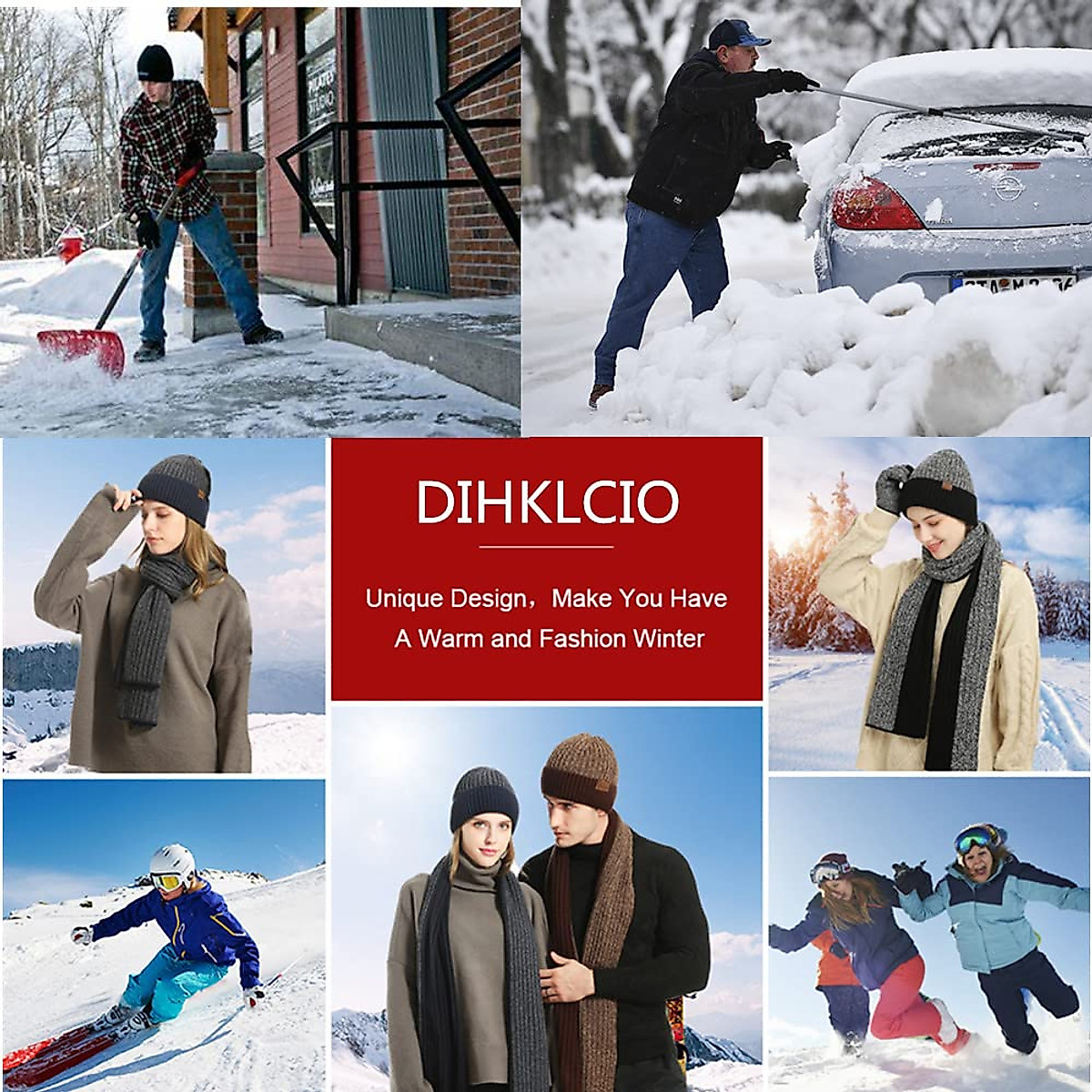 Winter Hat Scarf Glove set for Men Men's 3 Pcs Touchscreen Anti-Slip Gloves Knit Stretchy Beanie Hat and long Scarf Set(Dark gray)