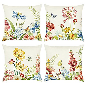 Bonhause Spring Floral Throw Pillow Covers 18x18 Set of 4 Garden Flower Decorative Pillows Case Polyester Linen Cushion Covers for Couch Sofa Garden Patio Decor