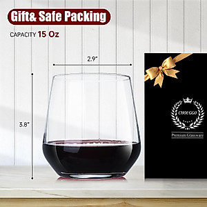 Chouggo Stemless Wine Glasses Set of 6, Hand Blown Premium Crystal Square Red White Wine Glass - Gifts for Women, Men, Wedding, Anniversary, Christmas, Birthday - 15Oz