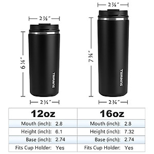 SUNWILL Coffee Tumbler Cups, Insulated Coffee Mug with Lid, 16 oz Stainless Steel Travel Coffee Cup, Powder Coated Black