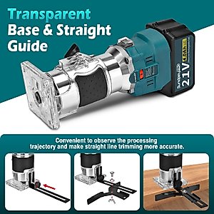 SundpeyPRO Cordless Brushless Router Tool - 21V Compact Wood Router with 2 Pack 4.0Ah Batteries - Handheld Plunge Router Trim Router for Woodworking - 6 Variable Speed & Fixed Base & Edge Guide
