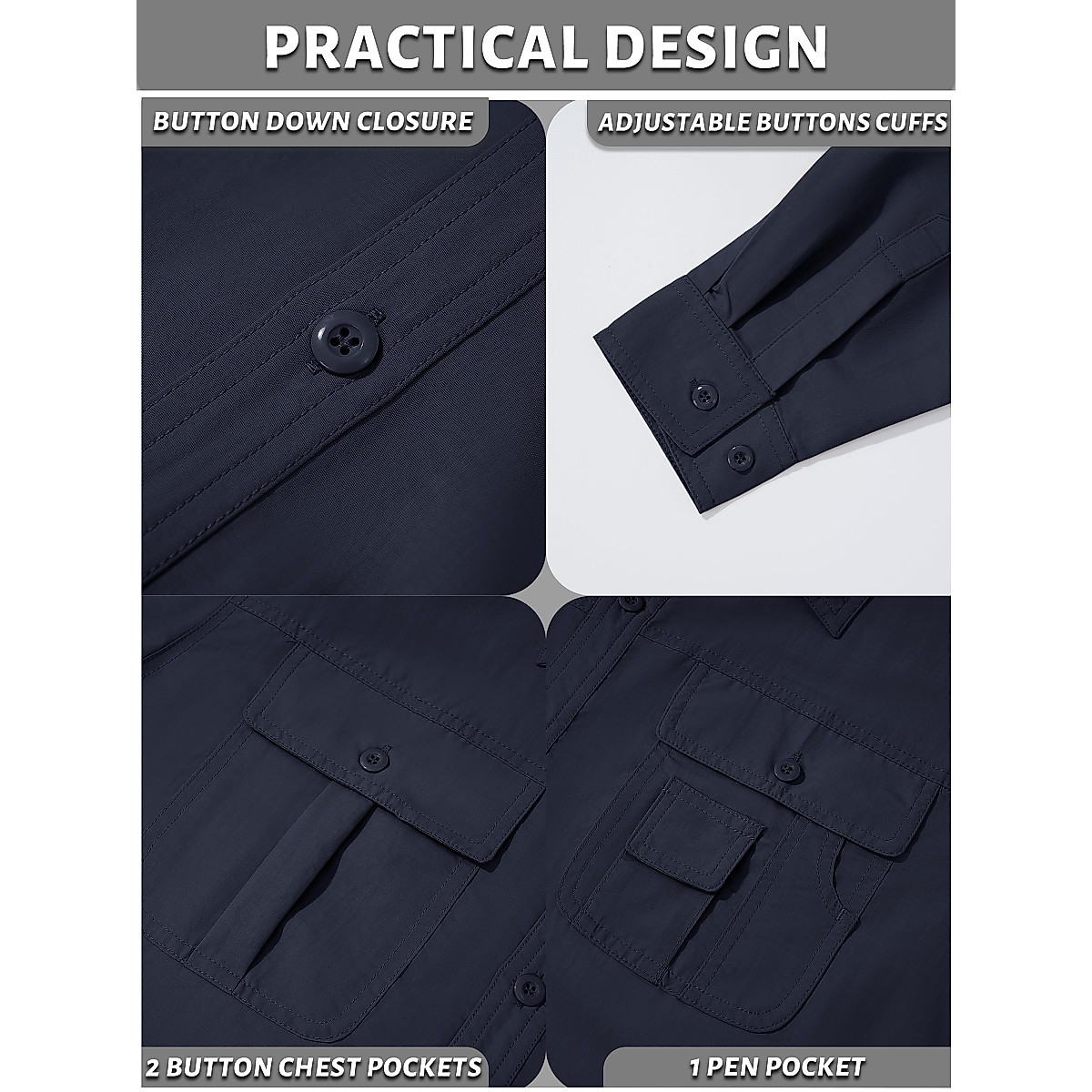 TACVASEN Men's Quick Dry UV Protection Zipper Convertible Long Sleeve Shirt Navy, L