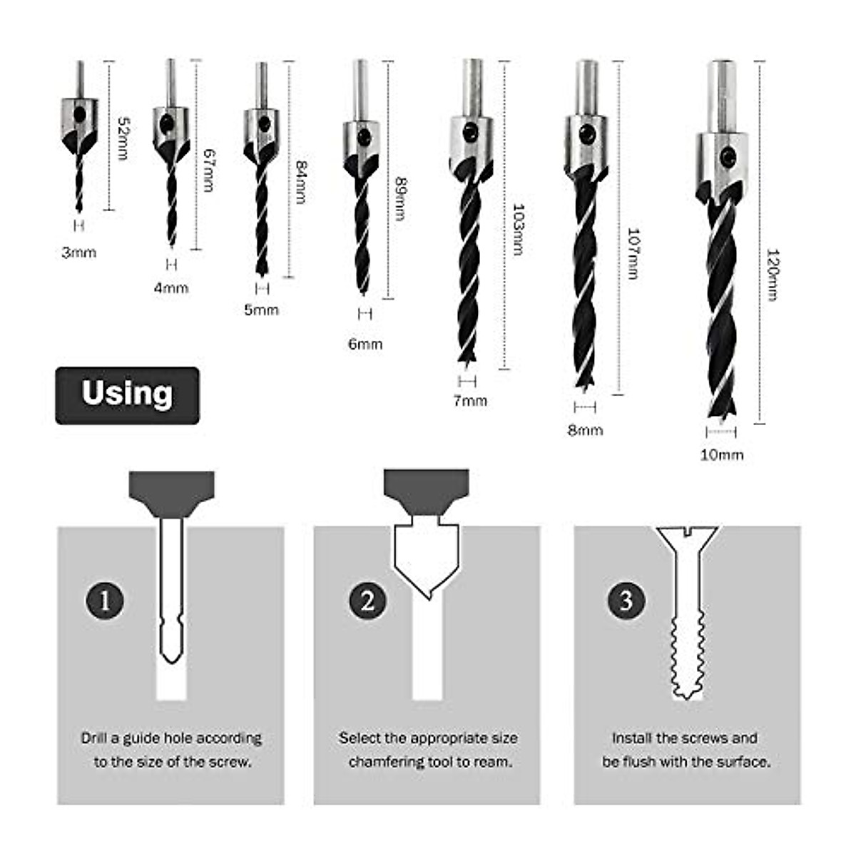 WICHEMI 26-Pack Woodworking Chamfer Drilling Tools - 6 Countersink Drill Bits, 7 Three Pointed Countersink Drill Bit with L-Wrench, 8 Wood Plug Cutter, 3 Step Drill Bit, and Automatic Center Punch
