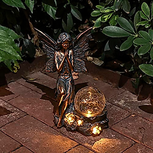 QZVANLON Fairy Garden Statue - Resin Solar Angel Figurines Garden Outdoor Decorations with Solar Crackle Glass Globe Lights, for Lawn Yard Patio Porch, Ornament Gift
