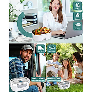 Eocolz Electric Lunch Box Food Heater Warmer 60W, 2 in 1 Portable Lunch Box for Car Truck Home Work Leak Proof with 1.5L Removable 304 Stainless Steel Container & Spoon 2 Compartments 110V 12V 24V