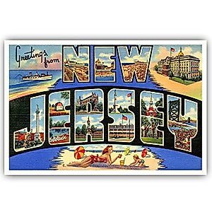 GREETINGS FROM NEW JERSEY vintage reprint postcard set of 20 identical postcards. Large letter US state name post card pack (ca. 1930's-1940's). Made in USA.