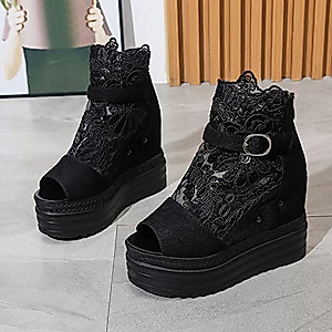 Ladies Fashion Solid Color Summer Breathable Mesh Open Toed Back Zippered High Soled Womens Size 12 Shoes Sandals (Black, 7.5)