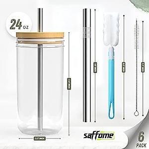 Saffome 6 Pack Glass Mug Set - Drinking Glasses Tumbler, 24oz Reusable Boba Tea Cups with Bamboo Lids, Travel Tumbler Bottle, Non-slip Glasses for Iced Coffee, Smoothie