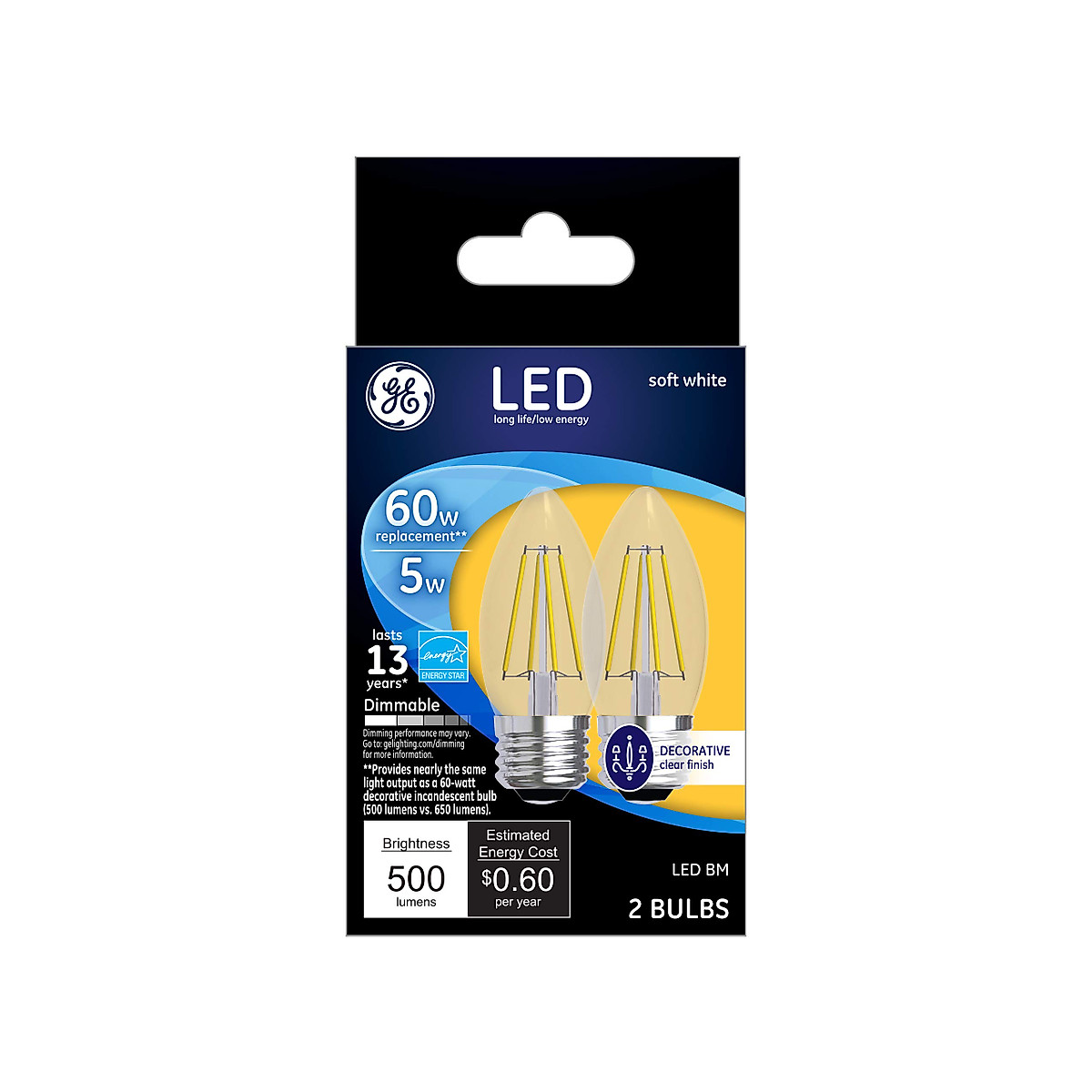 GE LED Blunt Tip Decorative Light Bulbs, BM, 5-Watt (60-Watt Replacement), 500 Lumen, Soft White, Clear, Medium Base, 12-Pack Chandelier Light Bulbs