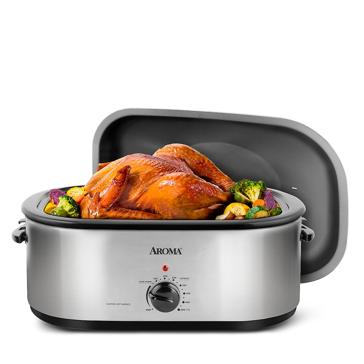 AROMA® 20Qt. Roaster Oven with Self-Basting Lid, Fits 24-lb. Turkey, Adjustable Temperature Settings, Keep Warm Setting, Stainless Steel (ART-720S)
