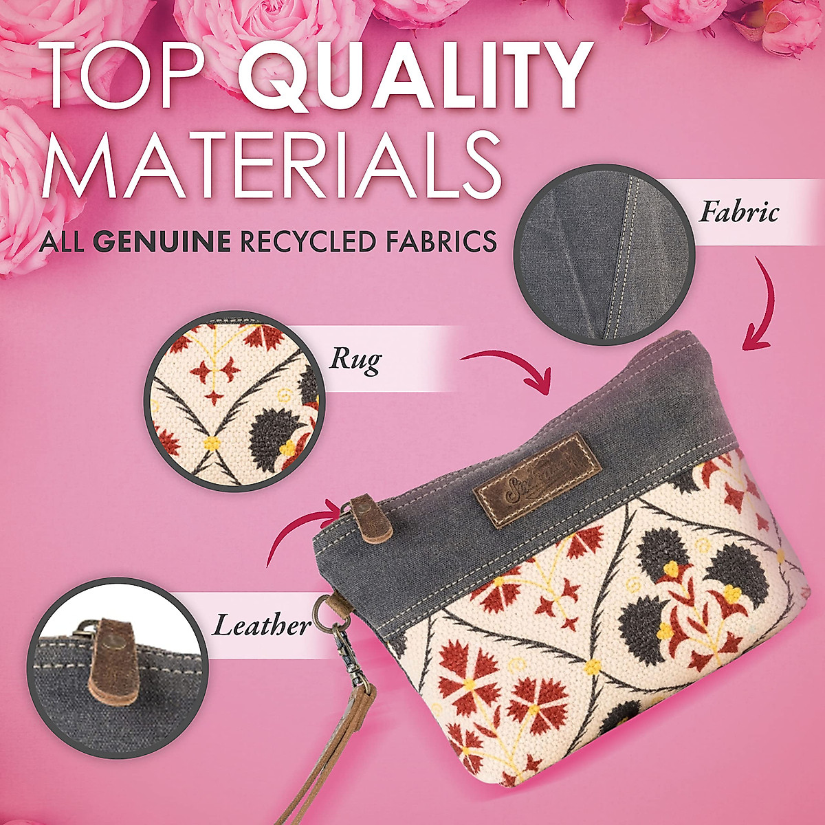 SIXTEASE Women's Fashion Wristlet Small Clutch With Wrist Strap - Vintage Style Zipper Made with Genuine Leather, Upcycled Canvas, Rug, or Hair On - Unique Designs, Hand Stitched - Mink