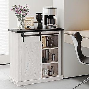 OLD CAPTAIN Coffee Bar Cabinet with Adjustable Storage Shelves,Sliding Door,32", White