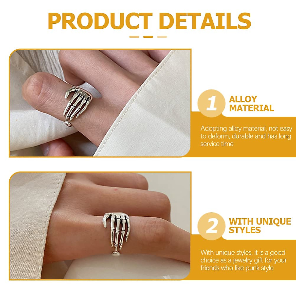 Generic Stainless Steel Skull Rings Men Women Vintage Gothic Ring Biker Punk Rocker Skelton Hand Wrap Band Ring Skull Hand Open Band Ring Adjustable Skull Ring Xmas Birthday Party 1.65x1.5CM