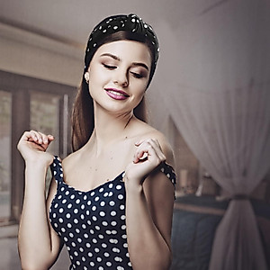 Jaciya Knotted Headbands for Women Girls Polka Dot Black Headband Non Slip Wide Teacher Headband Knot Head Band Vintage Fashion Hairband Hair Accessories