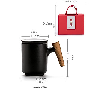Ceramic Tea Mug with Infuser and Lid,China Tea Cup,for Steeping Loose Leaf Tea Wooden Handle 350ml/12oz, Black, GJ-467