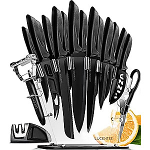 17pc Kitchen Knife Set, Kitchen Gadgets with Steak Knives, Knives Set for Kitchen, Chef Knife Set, Black Knife Set, Ultra-Sharp Ergonomic Steak Knife Set with Scissors, Peeler and Knife Sharpener