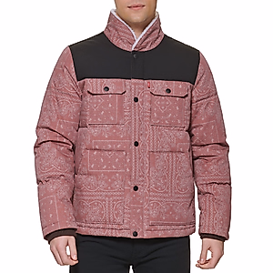 Levi's Men's Mixed Media Quilted Puffer Jacket with Sherpa Lined Collar (Regular and Big & Tall Sizes), Red Bandana Print, Small