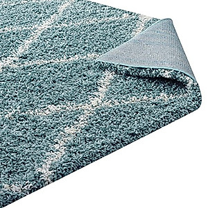 Modway Toryn Diamond Trellis 5x8 High Pile Shag Area Rug With Lattice Design In Aqua Blue and Ivory