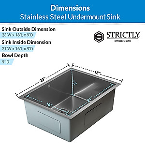 Strictly Sinks 23 Inch Undermount Kitchen Sink – Silver Single Bowl 16 Gauge Stainless Steel Bar Prep Kitchen Sink Stain Resistant – With 1 Square Disposal Adapter, 1 Strainer Drain & Bottom Grid