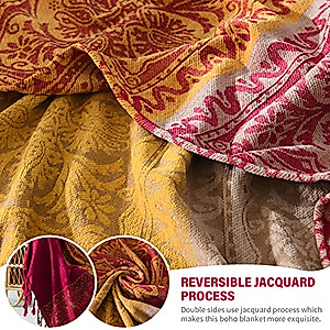 Y-PLWOMEN Bohemian Chenille Throw Blanket for Couch, Woven Jacquard Boho Blankets wiz Tassel, Hippie Tribal Blanket for Bed Sofa Recliner Loveseat Decor(Red Yellow, 60x75)
