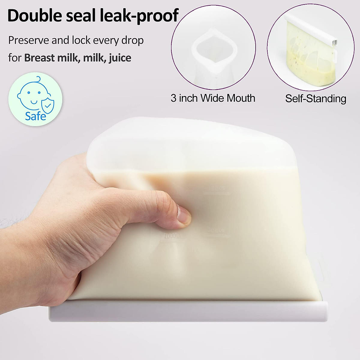 FOSOE 3 Pack Reusable Silicone Food Storage Bags - BPA Free - Food Grade Gallon Bags - Snack Sandwich Storage Containers - Leakproof Freezer Dishwasher Safe - Lunch Bags(White 17oz - 34oz - 51oz)