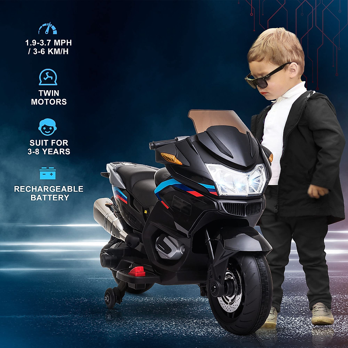 Aosom 12V Kids Electric Motorcycle with Training Wheels, Battery Power Motorbike for Kids Ages 3+ Years Old, High-Traction at 3.7 Mph Top Speed, with Light Music, Black