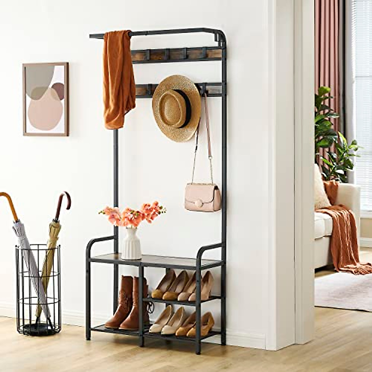 Tajsoon Coat Rack, Hall Tree with Bench and Shoe Storage, Coat Rack Shoe Bench, 3-in-1 Shoe Rack and Coat Rack for Entryway, 11.24 X 28.35 X 66.34 Inches, Metal, Rustic Brown and Black