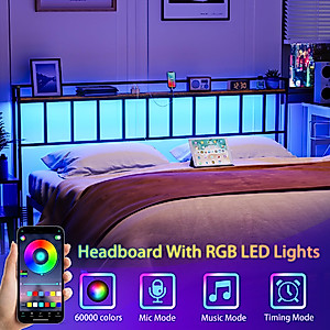 LAKEMID King Headboard, Headboards with LED Light, Outlets and USB Ports, Head Board with Storage Rack, Sturdy and Stable Headboard for King Size Bed, Adjustable Height, Easy Assembly, Rustic Brown