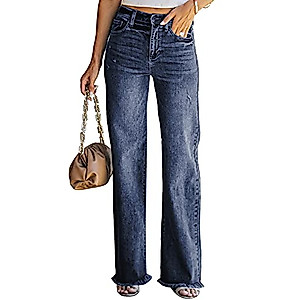 Dokotoo Womens Flare Jeans High Waisted Stylish Vintage Washed Frayed Hem Straight Wide Leg Denim Pants Jeans for Women Blue Size US 18