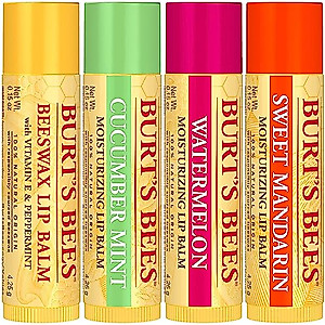 Burt's Bees Lip Balm - Original Beeswax, Cucumber Mint, Watermelon & Sweet Mandarin, With Responsibly Sourced Beeswax, Tint-Free, Natural Origin Treatment, 4 Tubes, 0.15 oz.