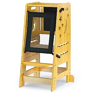 TOETOL Kids Kitchen Step Stool with Keeper Bamboo Toddler Child Standing Tower Helper Adjustable Height with Black and White Activity Board