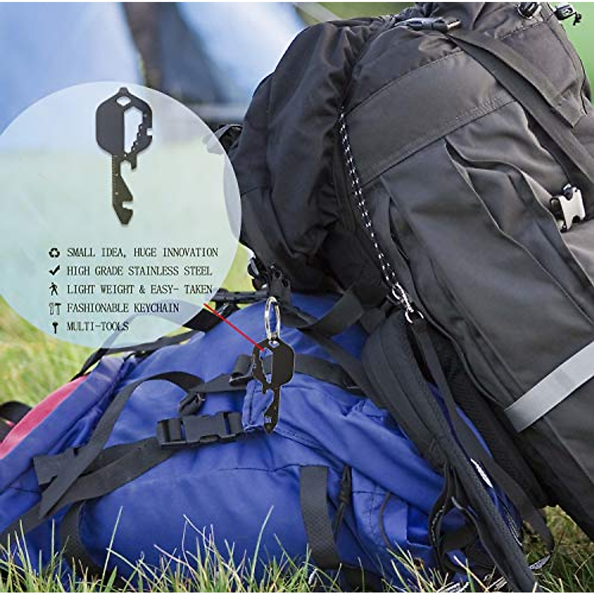 Keychain Multi-tools,Stainless Steel Pocket Tool Indoor Outdoor Multifunction Tool Lightweight EDC Gadget for Screwdriver, Wrench, Bottle Opener, Ruler, Spoke, Key Shaped Black