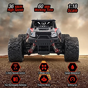 MaxTronic RC Cars,High Speed Remote Control Car for Adults,1:18 Scale 36 KM/H 4WD Off Road RC Monster Truck,All Terrain Electric Cars Two Rechargeable Batteries Included for Boys Girls