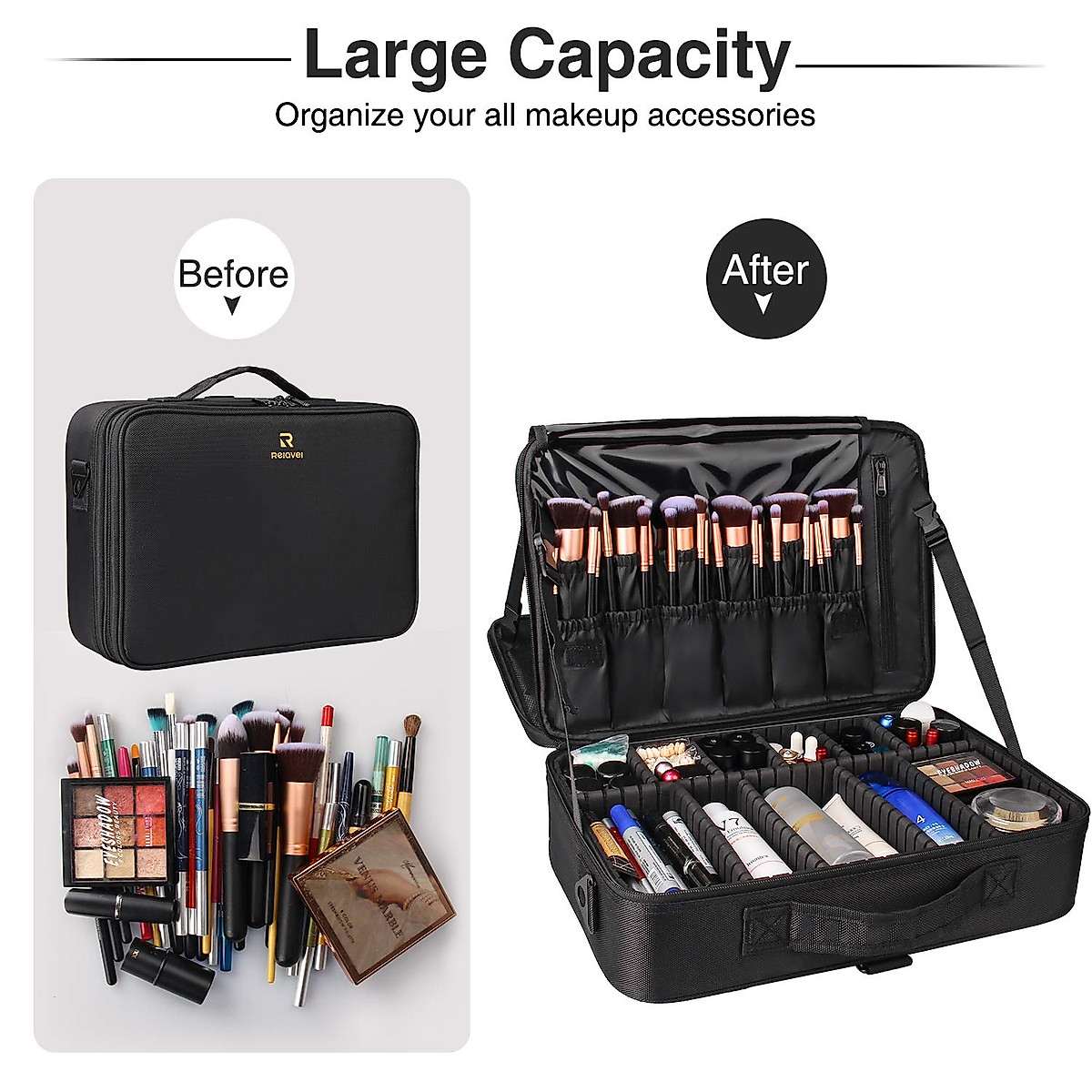 Relavel Makeup Bag Travel Makeup Train Case Large Cosmetic Case Professional Portable Makeup Brush Holder Organizer and Storage with Adjustable Dividers (black L)