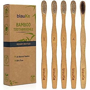 Bamboo Toothbrushes Medium Bristles 5-Pack – 4 White Wooden Toothbrushes, 1 Black Charcoal Toothbrush – Biodegradable Natural Eco Friendly