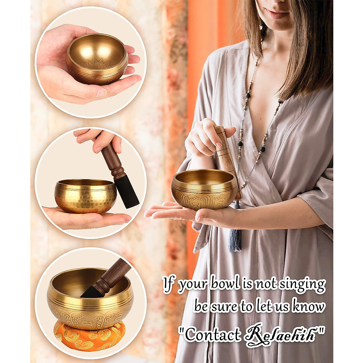 Relaehih 2-Pack Tibetan Singing Bowls Set - 100% Handmade in Nepal, Sound Bowl Meditation Set for Yoga, Chakra Healing, Meditation Gifts, Unique Gifts for Women (Blue, 3.15 + 4 inch)