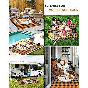 Outdoor Patio Rugs Pumpkin Sunflowers Fallen Leaves Outdoor Area Rug Orange Checkered Non-Slip Backyard/Camping RV Rug/Deck/Porch Rug Front Door Floor Mat Carpet,5x8ft,