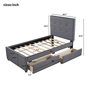 HZSSDTKJ Twin Size Linen Upholstered Platform Bed with Headboard and 2 Storage Drawers, Wooden Daybed Frame with Slat Support for Kids Teens Girls Boys Adults, No Box Spring Needed (Gray-04, Twin)