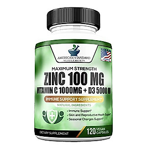 Zinc 100mg, Vitamin C 1000mg, Vitamin D 5000IU per Serving, Immune Support for Adults, Immune System Booster Supplements, Non GMO, No Filler, No Stearate, 120 Vegan Capsules, 60 Day Supply
