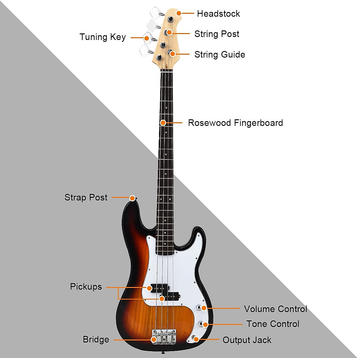 Goplus Full Size 4 String Electric Bass Guitar with Strap Guitar Bag Amp Cord (Sunburst Bass 4 Straps)