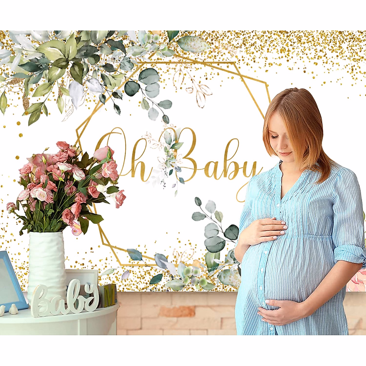 InMemory Greenery Oh Baby Baby Shower Backdrop Glitter Gold Eucalyptus Neutral Baby Shower Photography Background Green Leaves Boy Girl Newborn Oh Baby Gender Party Decoration Photo Booth Banner 5x3ft