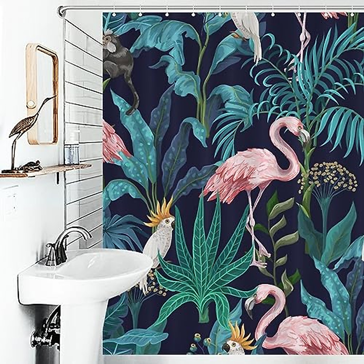 LAKIMCT Jungle Flamingo Parrots Shower Curtain for Bathroom, Polyester Cloth Shower Curtain with Hooks, Modern Shower Curtain, Art Deco Shower Curtain, 66x72 inch Shower Curtain, 12 Hooks
