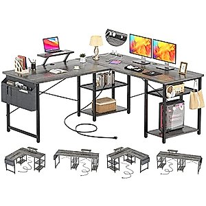 Aheaplus L Shaped Desk with Outlet and USB Charging Ports, L-Shaped Desk with Storage Shelves Reversible Corner Computer Desk 2 Person Long Table with Monitor Stand Gaming Home Office Desk, Oak