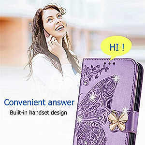 CCSmall for Oppo A17 Wallet Case for Women Girls, Shiny Butterfly Flower PU Leather Cover with Card Slot Holder Flip Phone Case for Oppo A17 Rhinestone Purple