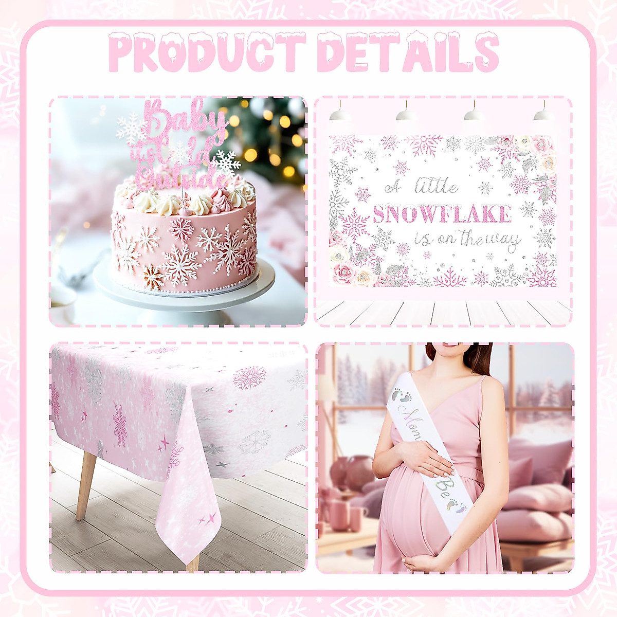 Fiesec Baby It’s Cold Outside Baby Shower Decorations Girl, Winter Wonderland Baby Shower Backdrop Balloon Garland Arch Glitter Banner Cake Topper Sash Snowflake Cutout Pink Silver 114 PCs