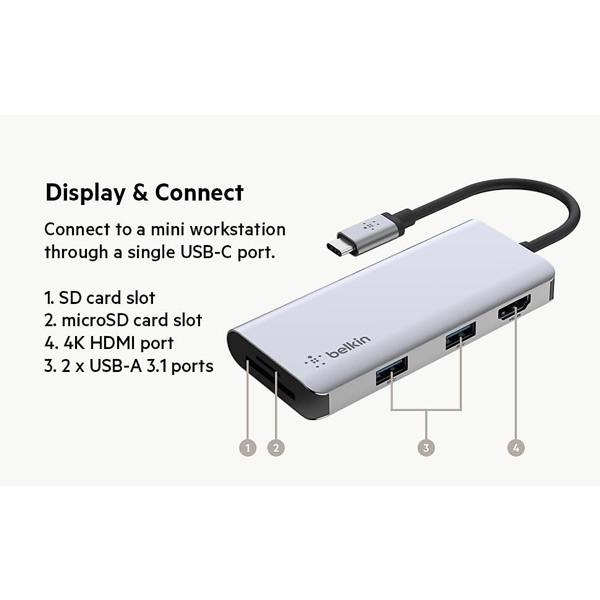Belkin AVC007btSGY 5 in 1 USB-C Hub, 4K HDMI, 2 x USB3.0, SD/microSD Compatible with iPad/iPad Pro/iPad Mini/iPad Air/MacBook/MacBook Air/Android Tablets and More