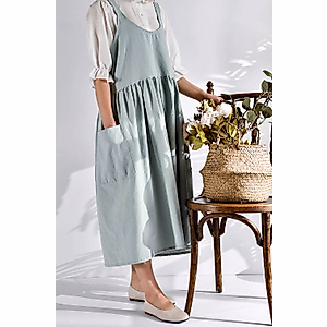 NEWGEM Cotton Linen Cross Back Apron for Women with Pockets for Cooking Gardening Turquoise without Waist Ties