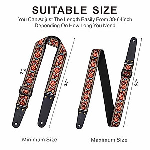 Nefelibata Guitar Strap, Embroidered Cotton Guitar Straps with Head Cowhide Leather Ends for Bass, Electric & Acoustic Guitars, with Free Strap Button, 1 Pair Strap Locks and 4 Guitar Picks (Saffron)