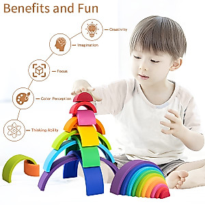 Youuys Silicone Rainbow Stacking Toy - 10 Pcs Rainbow Stacker Building Blocks Montessori Toys for Toddlers